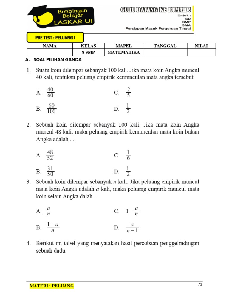 Pre Test MTK 8 SMP Peluang I | PDF