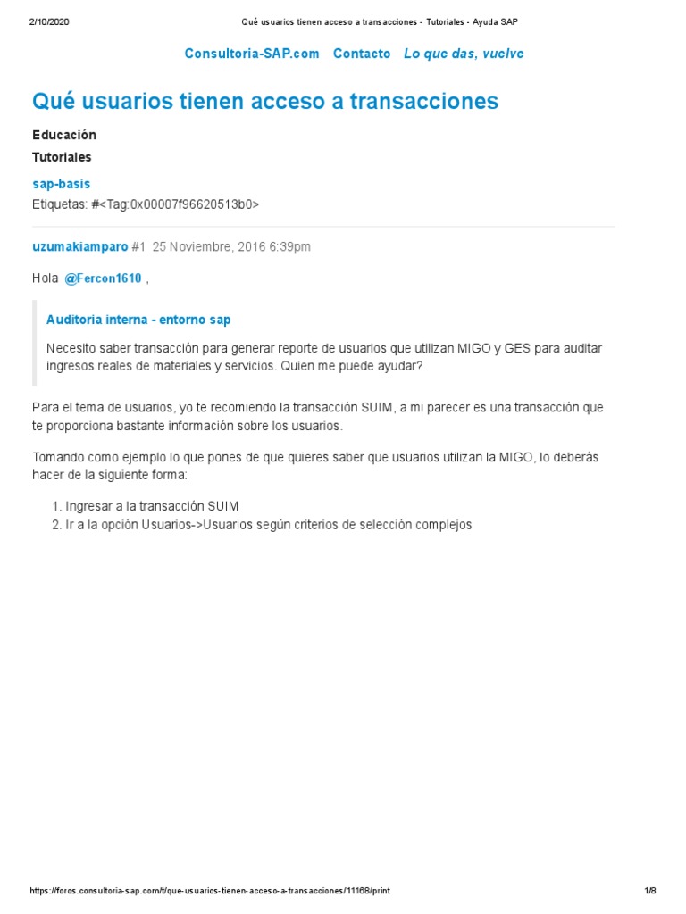 Qué Usuarios Tienen Acceso A Transacciones - Tutoriales - Ayuda SAP | PDF