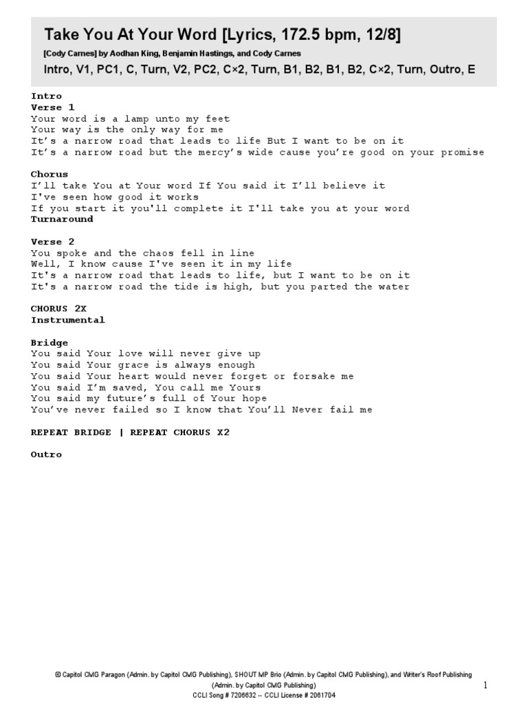 Take You at Your Word - Lyrics | PDF
