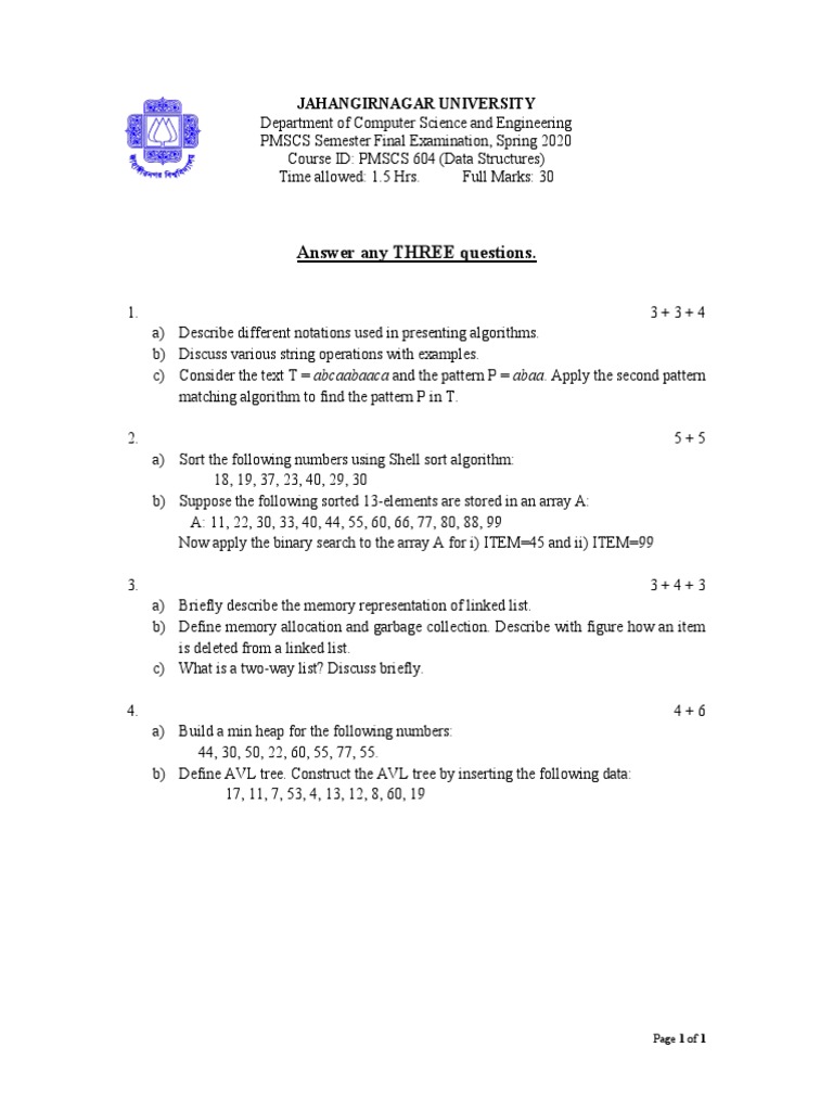 Data Structures Final Exam Pmscs604 Written Pdf