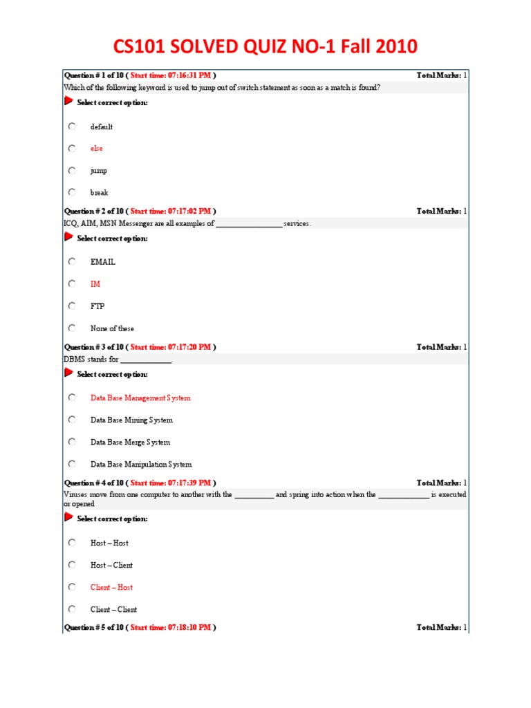 cs101 Solved Quiz No 1 Fall 2010 | PDF cs101 Solved Quiz No 1 Fall 2010 | PDF