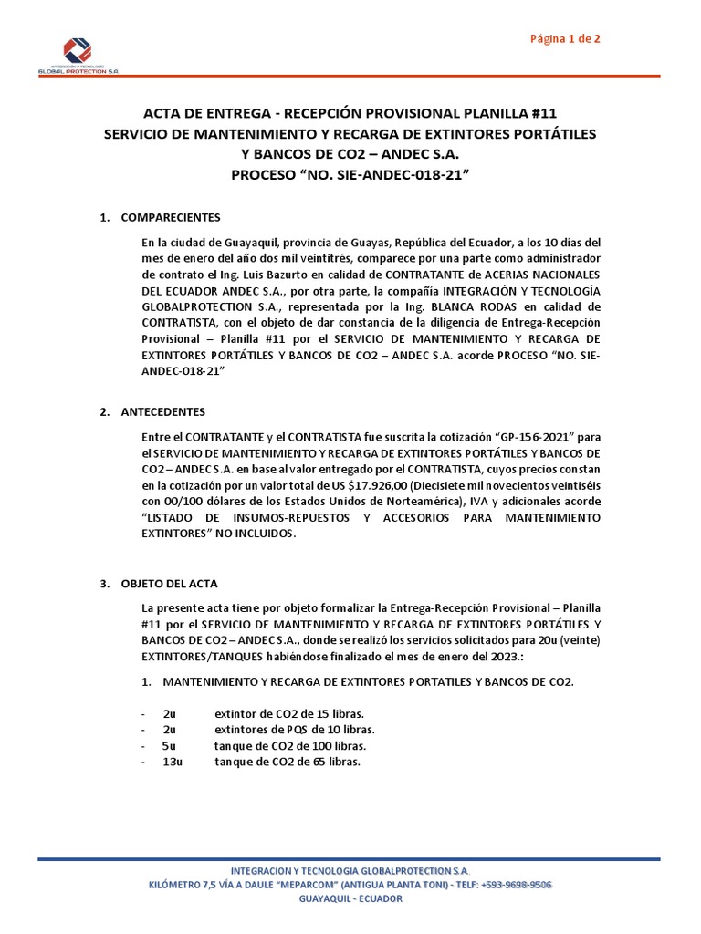 Acta Entrega Recepción Planilla Extintores | PDF