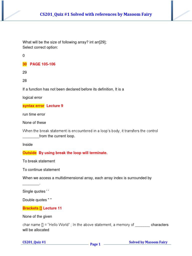 cs201 Midterm Solved Quiz 1 Fall 2014 | PDF | Parameter (Computer ...