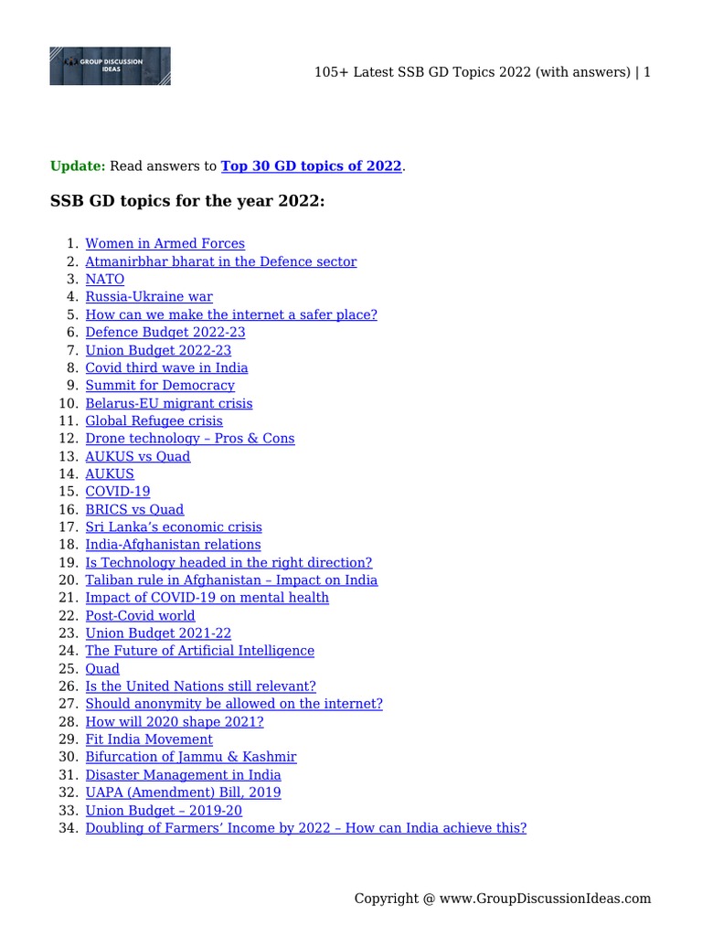 105+ Latest SSB GD Topics 2022 (With Answers) | PDF | International ...