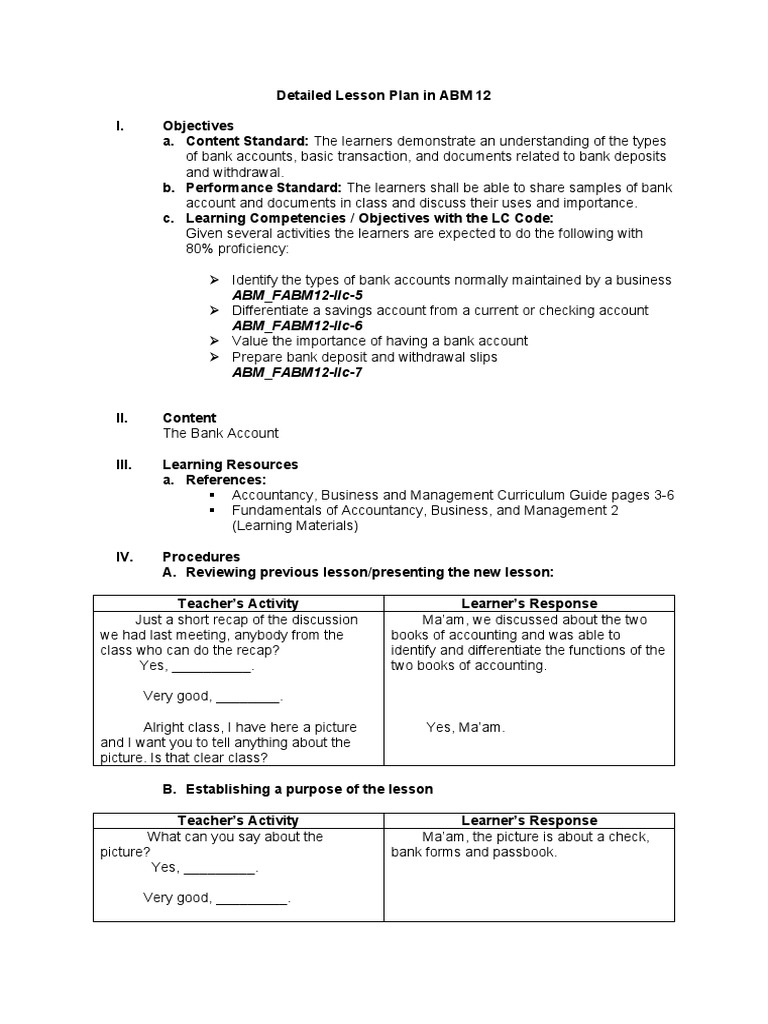 ABM 12 Lesson Plan: Bank Accounts | PDF | Transaction Account | Savings ...