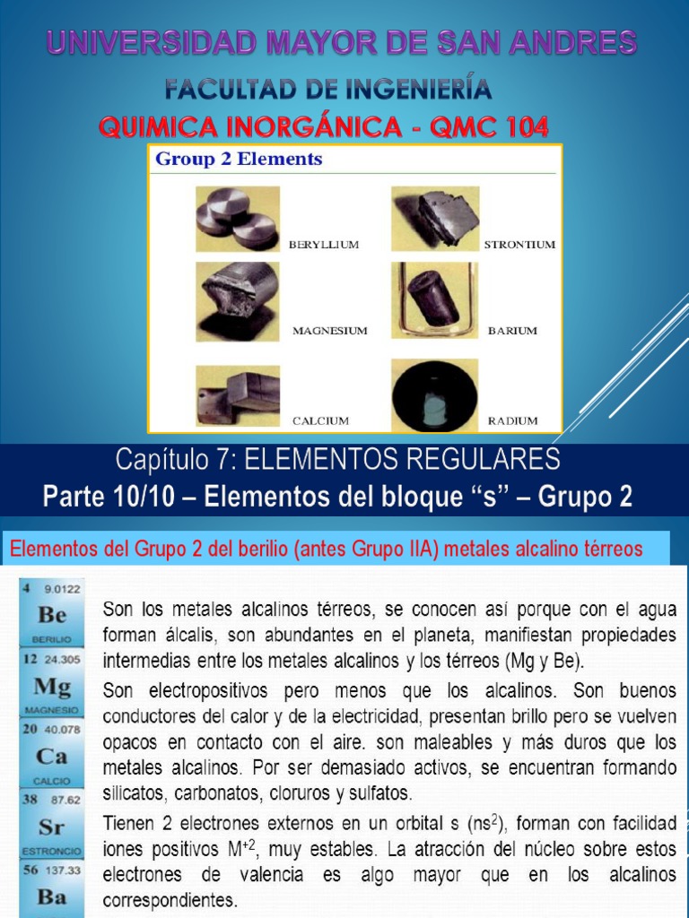 Cap 7 ELEMENTOS REGULARES - Parte 10. Elementos Del Bloque S. Grupo 2 | PDF | Calcio | Magnesio