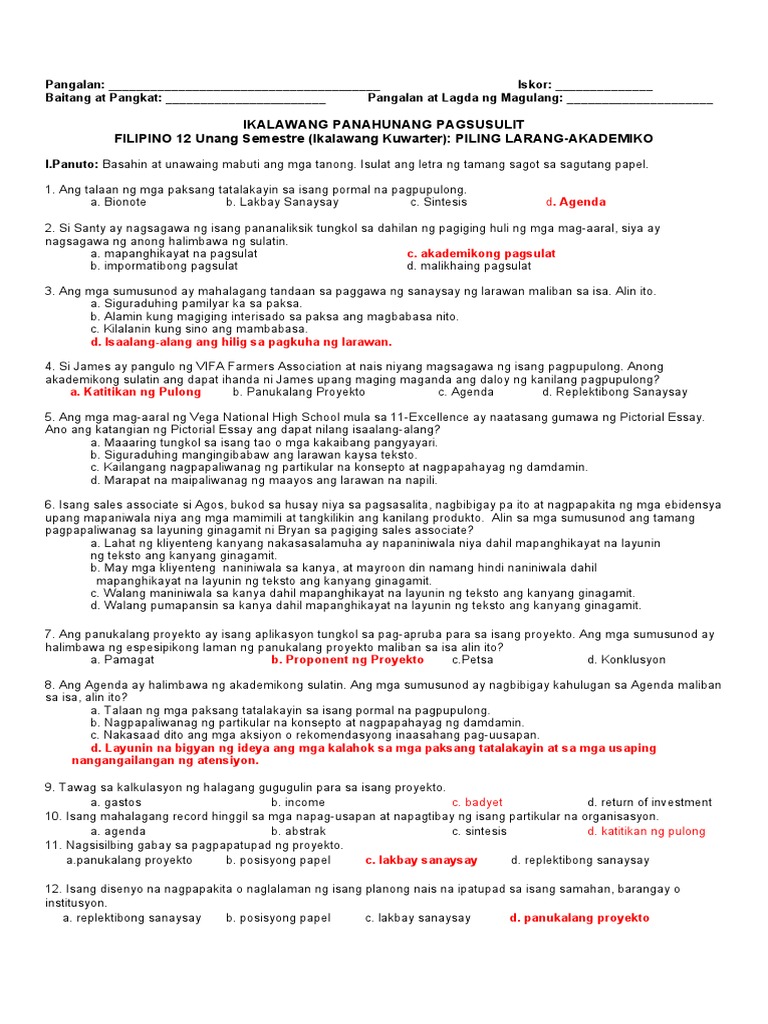 FILIPINO 12 Quarter 2 - Piling Larang | PDF