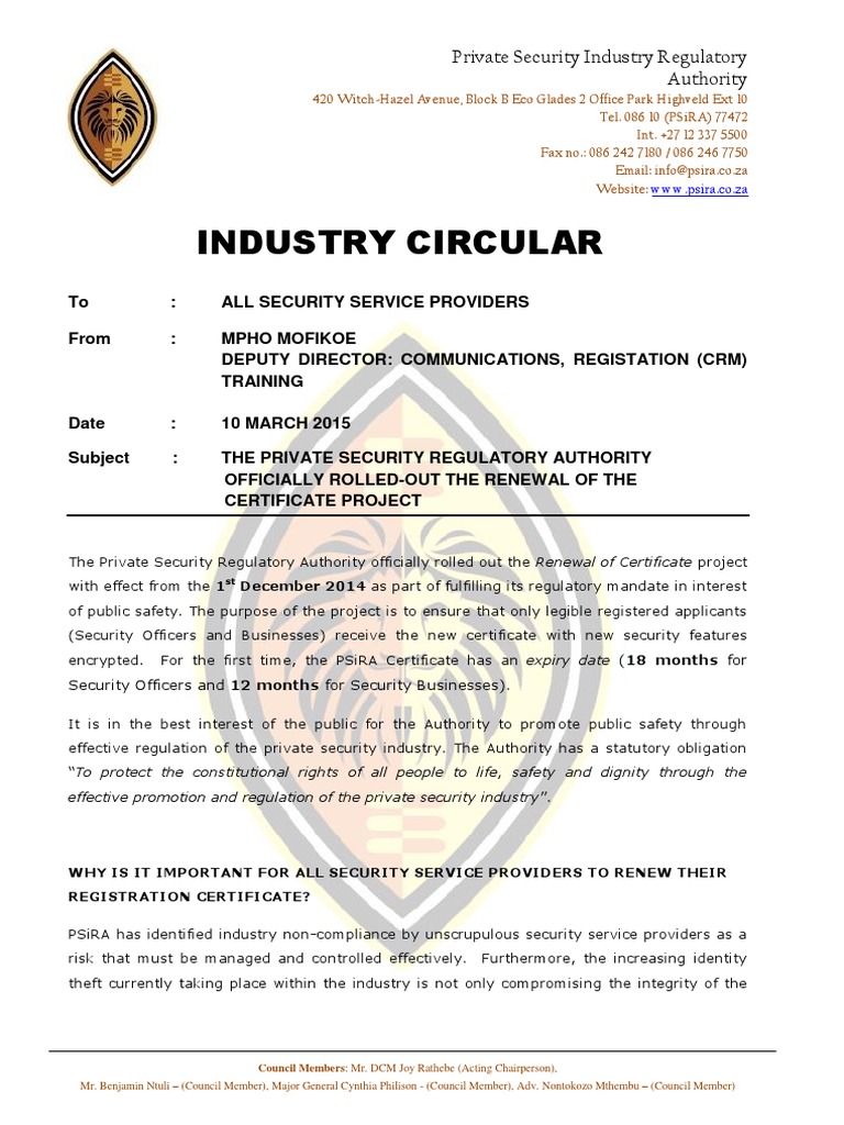 Renewal of Registration Certificate Circular 10 March 2015 | PDF ...