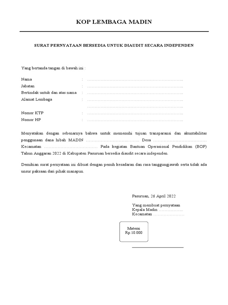 Contoh Surat Audit & Sanggup SPJ Bop MD 2022 | PDF
