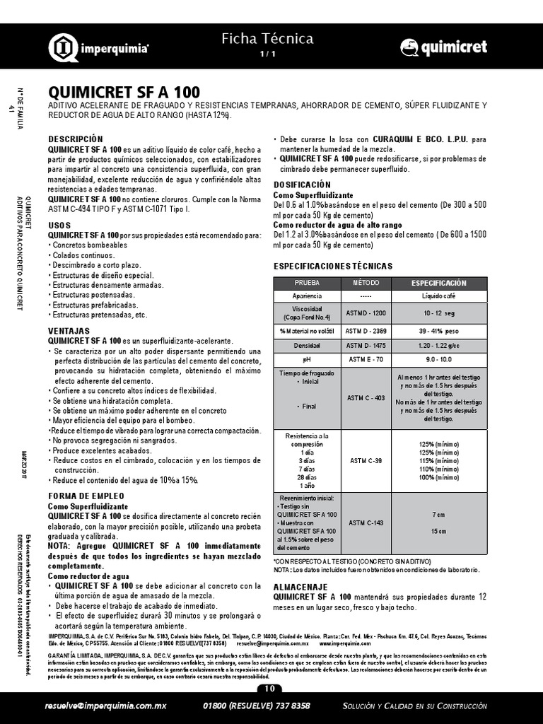 Aditivo Acelerante QUIMICRET SF A 100 | PDF