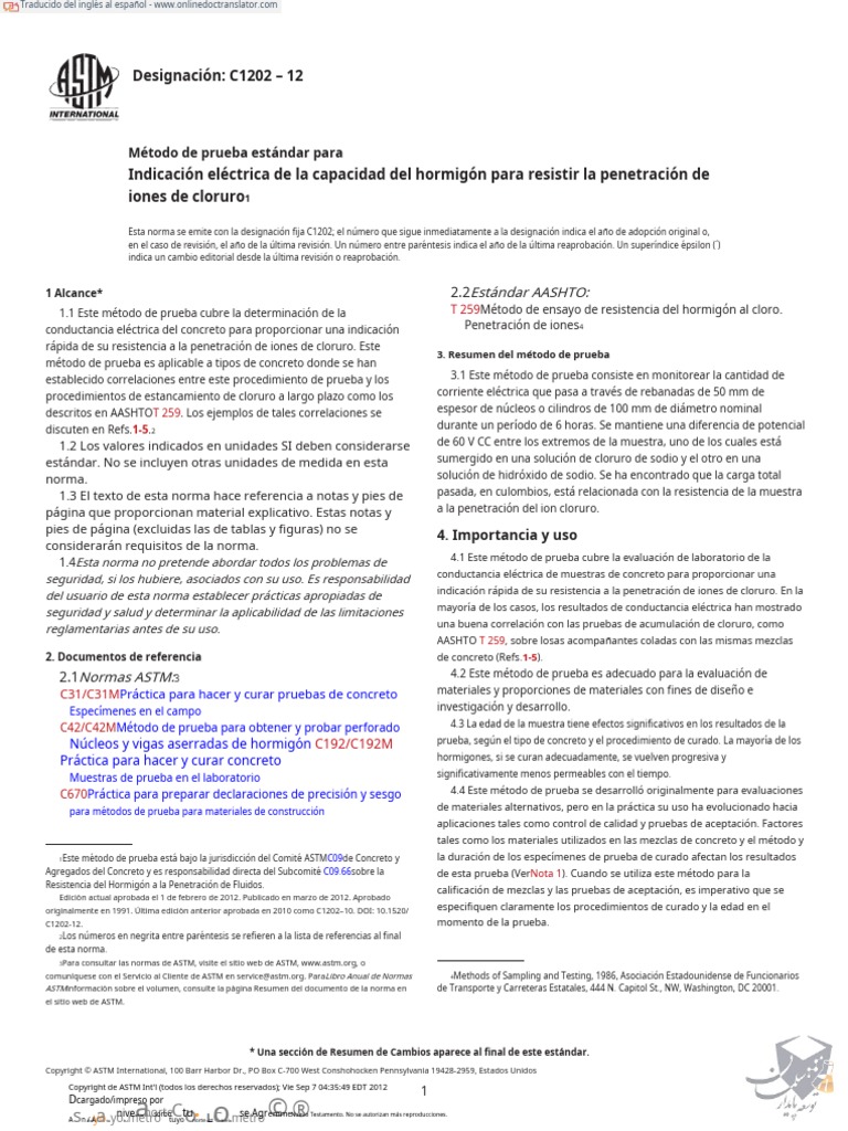 ASTM-c-1202 en Es | PDF | Hormigón | Agua