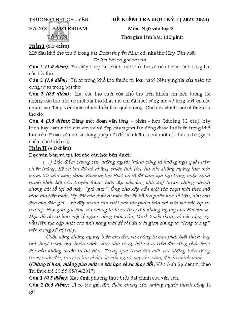 Đề Thi HK1 Ngữ Văn 9 Năm Học 2022-2023 | PDF