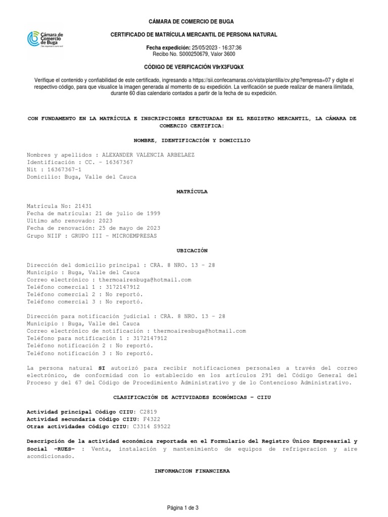Cámara de Comercio de Buga Certificado de Matrícula Mercantil de Persona Natural Fecha ...