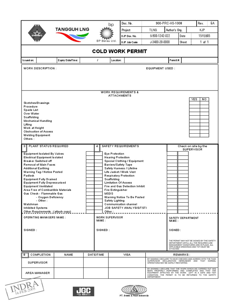 S-900-1242-022 - 6a - 005 - A4 (Cold Work Permit) | PDF | Equipment | Safety