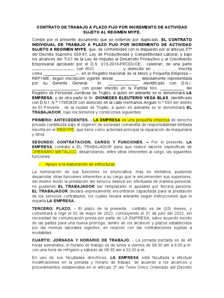 Contrato de Trabajo A Plazo Fijo Por Incremento de Actividad Sujeto Al Regimen Mype | PDF