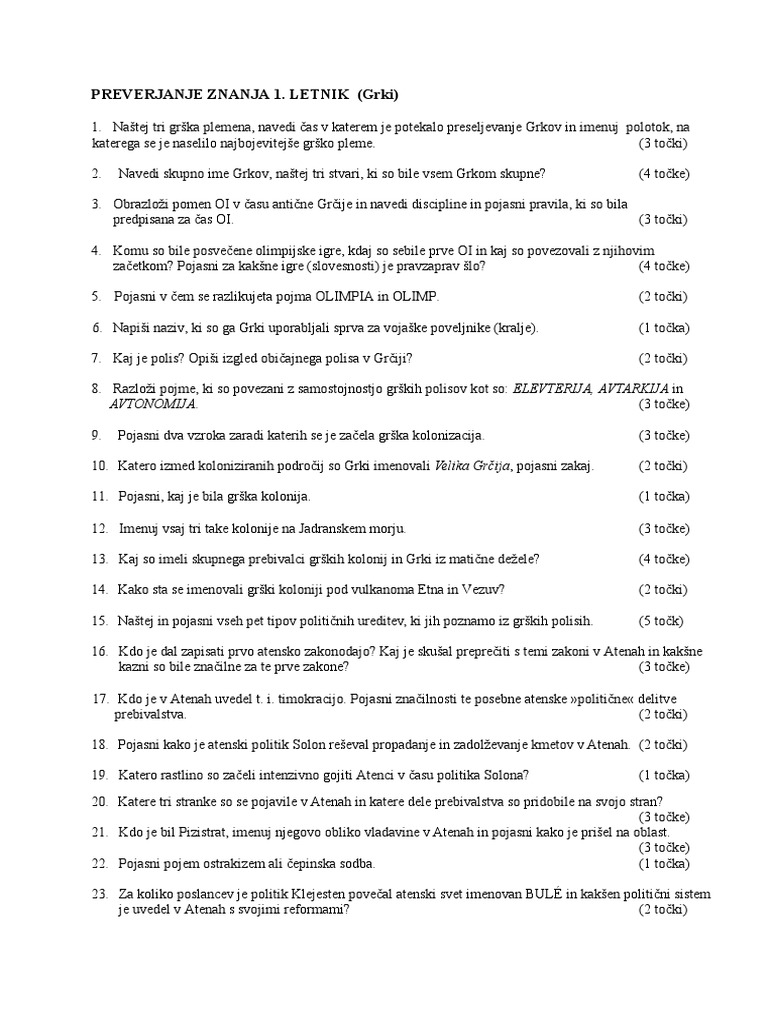 Preverjanje Znanja 1. Letnik (Grki) 2023 | PDF