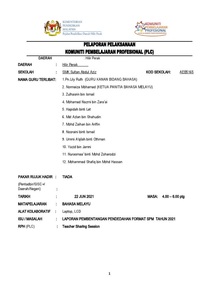 Contoh Laporan PLC Panitia | PDF