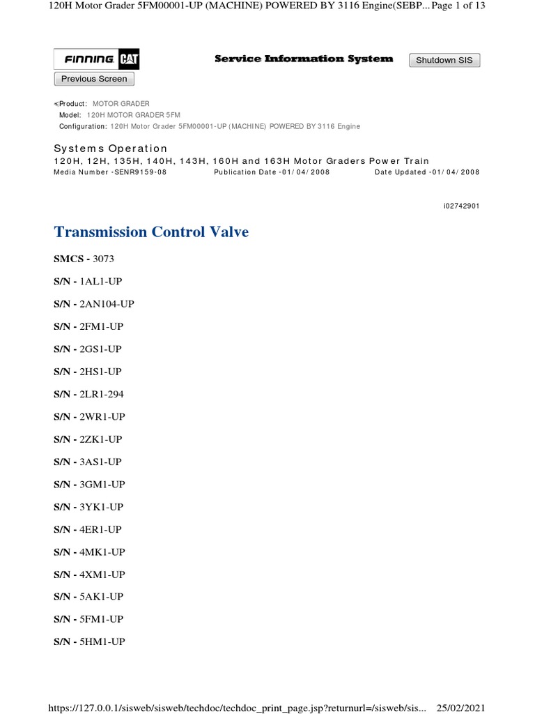 Transmission Control Valve: Shutdown SIS Previous Screen | PDF | Valve ...