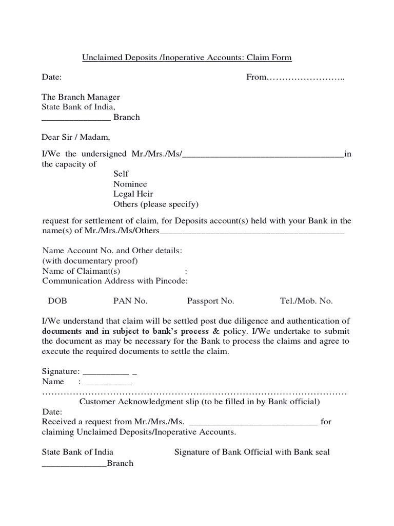 SBI CLAIM FORM Unclaimed Deposits | PDF