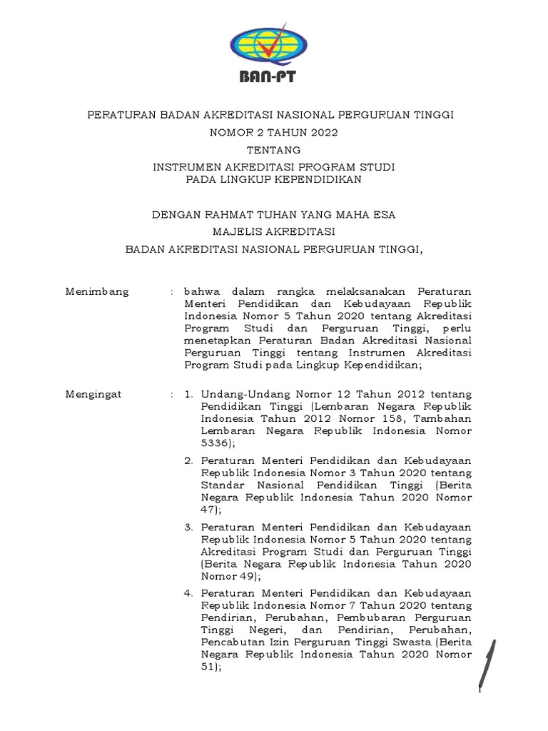 Peraturan BAN PT Nomor 2 2022 Tentang IAPS Kependidikan - Final | PDF