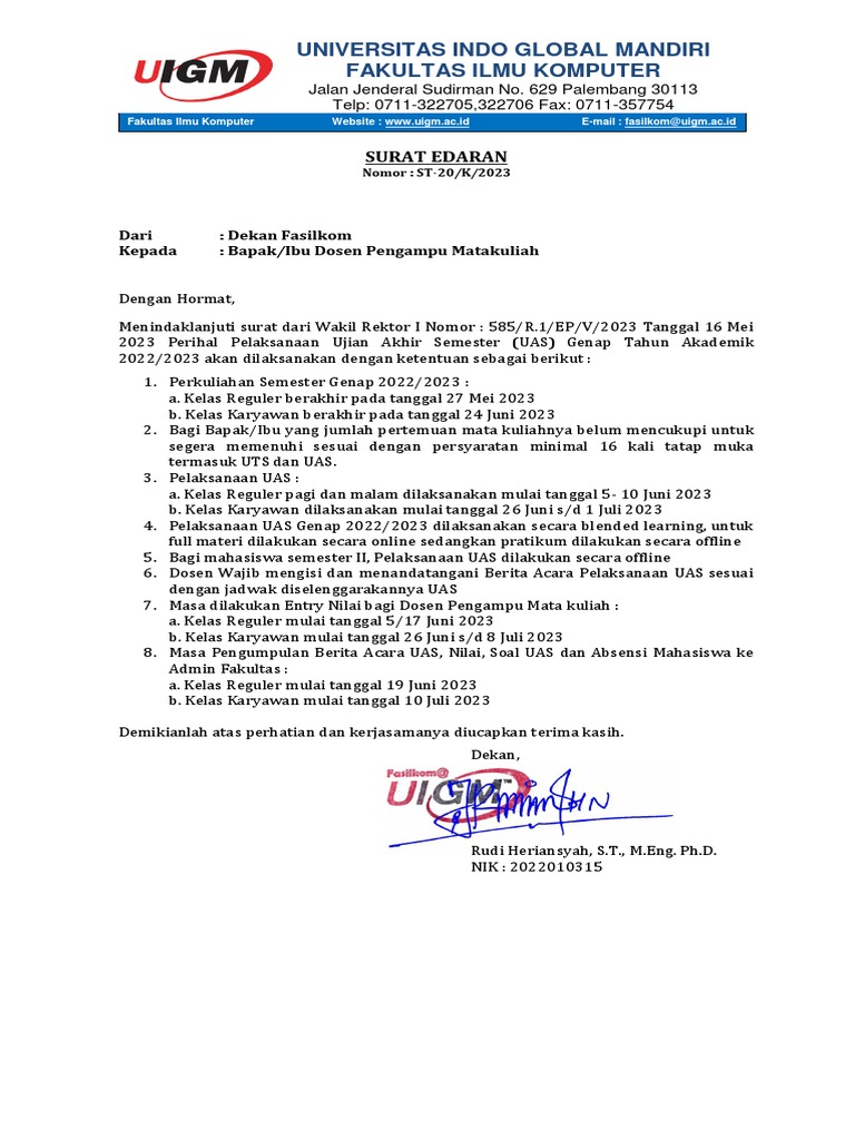 Surat Edaran UAS Genap 2022-2023 | PDF