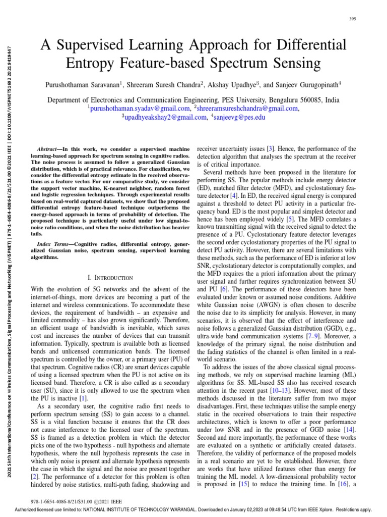 A Supervised Learning Approach For Differential Entropy Feature-Based Spectrum Sensing | PDF ...