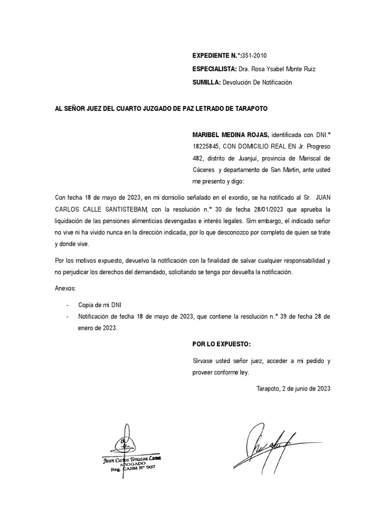 351-2010 Devuelvo Cedula de Notificación | PDF