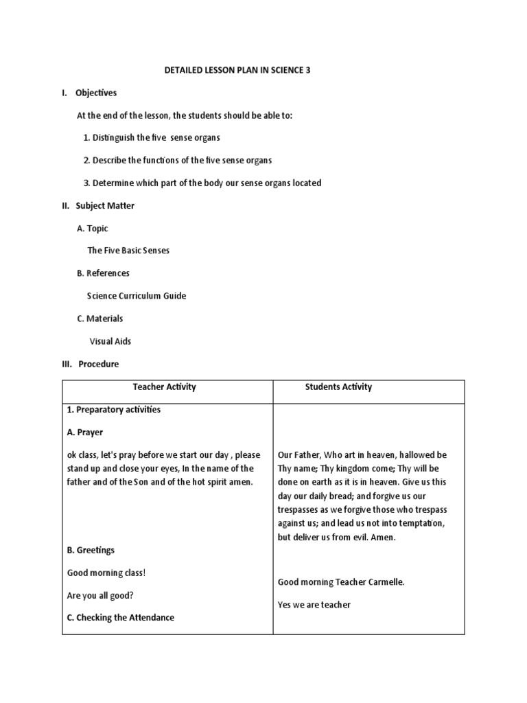 Detailed Lesson Plan | PDF | Senses | Lord's Prayer