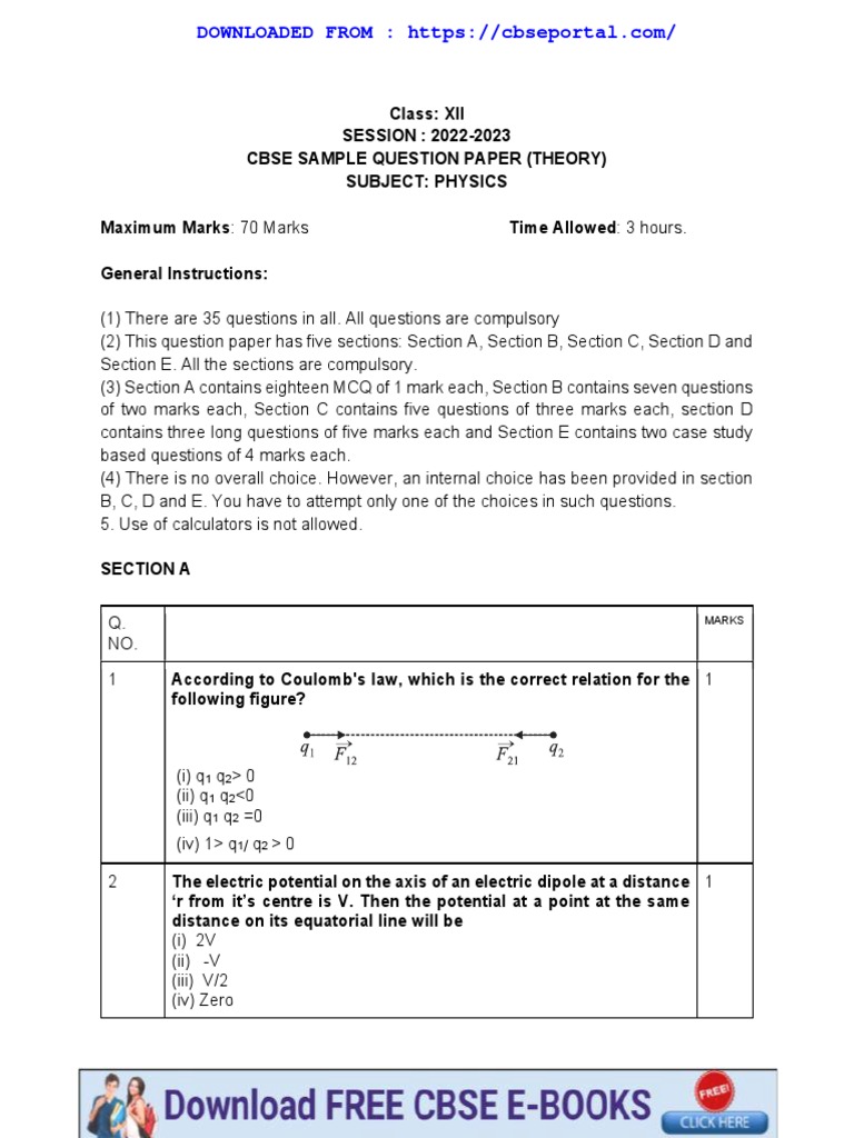 Cbse Class 12 Sample Paper 2022 23 Physics | PDF | Photoelectric Effect ...