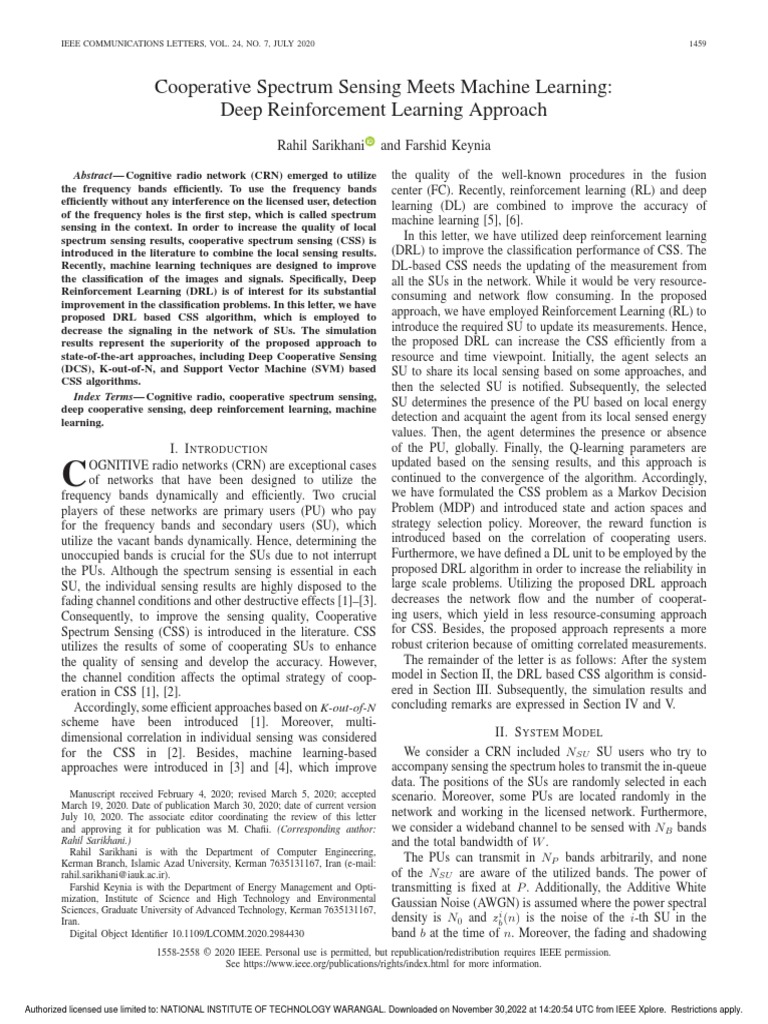 Cooperative Spectrum Sensing Meets Machine Learning Deep Reinforcement ... Cooperative Spectrum Sensing Meets Machine Learning Deep Reinforcement ...