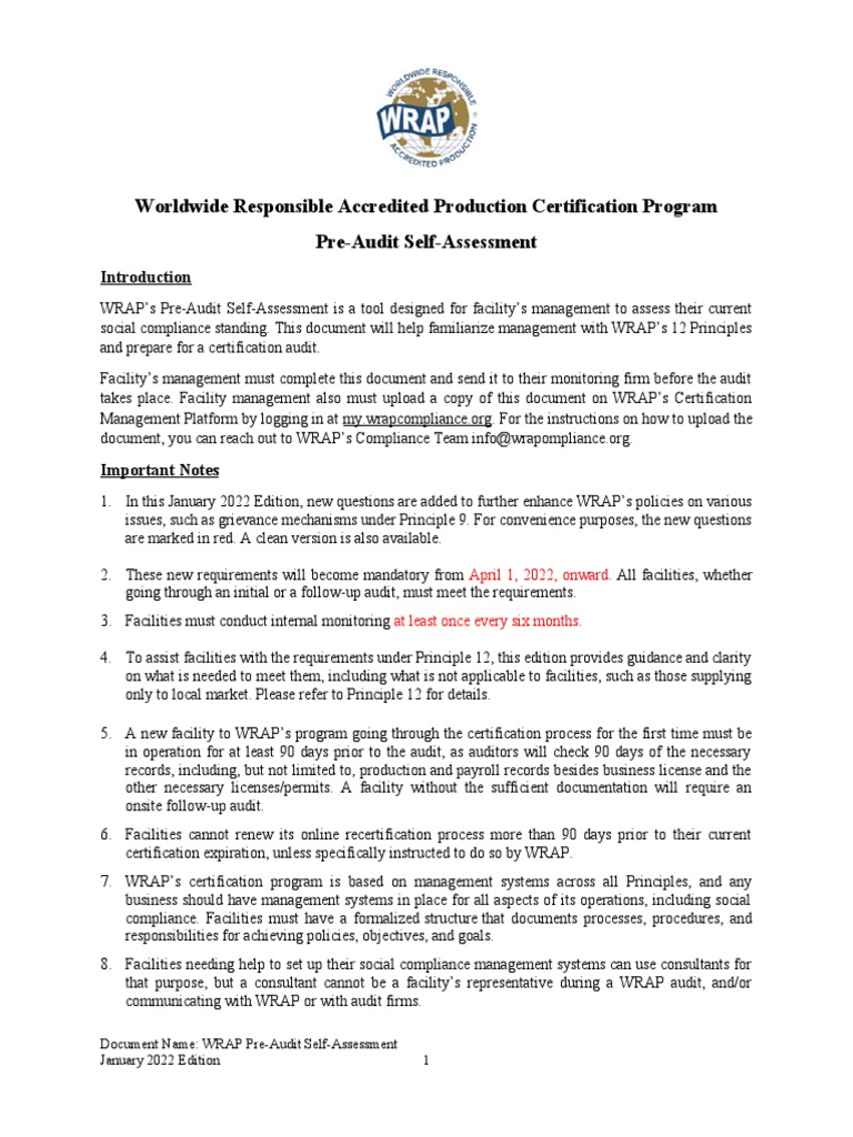 WRAP Pre-Audit Self-Assessment Guide | PDF | Audit | Employment