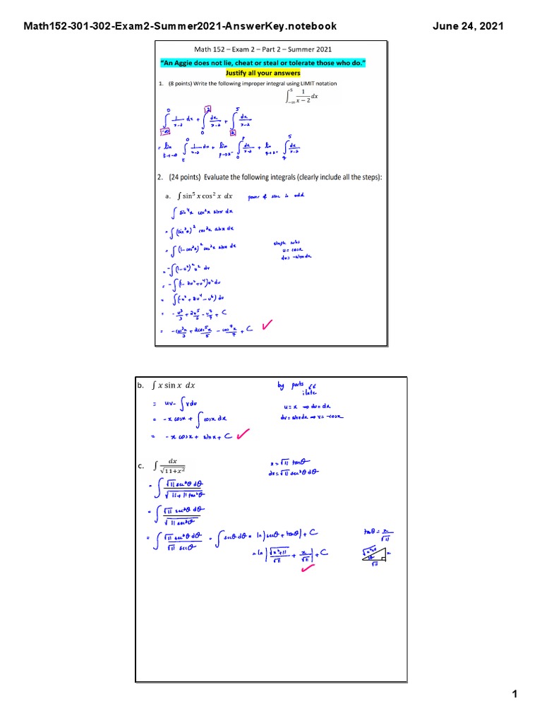 Math 152 Exam 2 Answer Key Summer 2021 | PDF