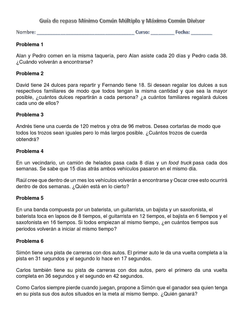 Guía de Repaso Mínimo Común Múltiplo y Máximo Común Divisor | PDF