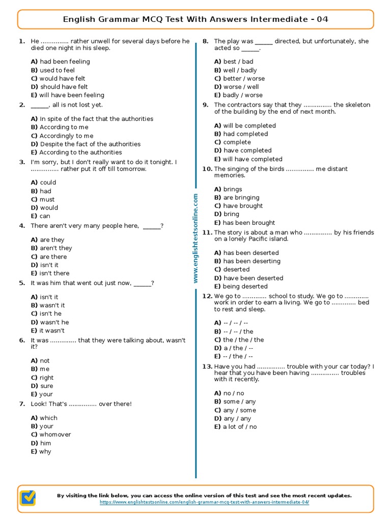 631 English Grammar MCQ Test With Answers Intermediate 04 | PDF ...