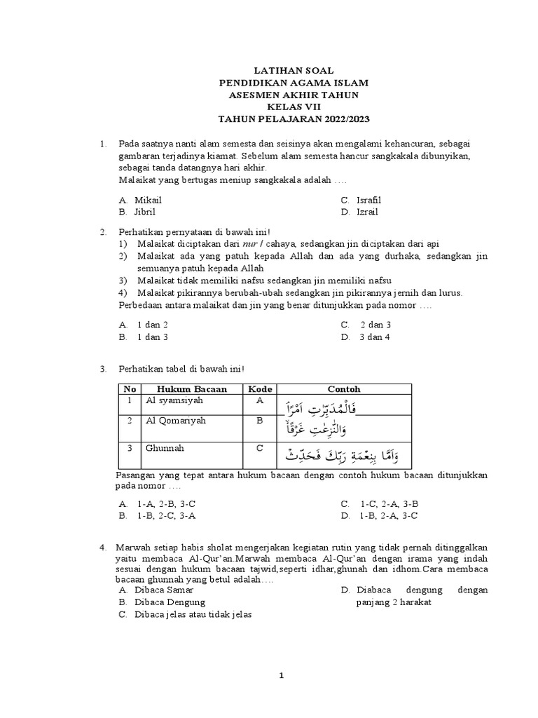 Latihan Soal Pai Kelas Vii Asat | PDF