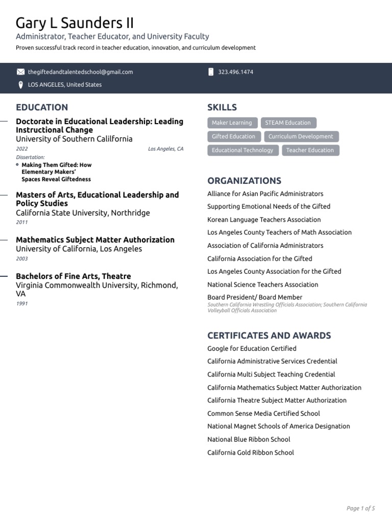 Saunders CV 2022 | PDF | Teachers | Gifted Education