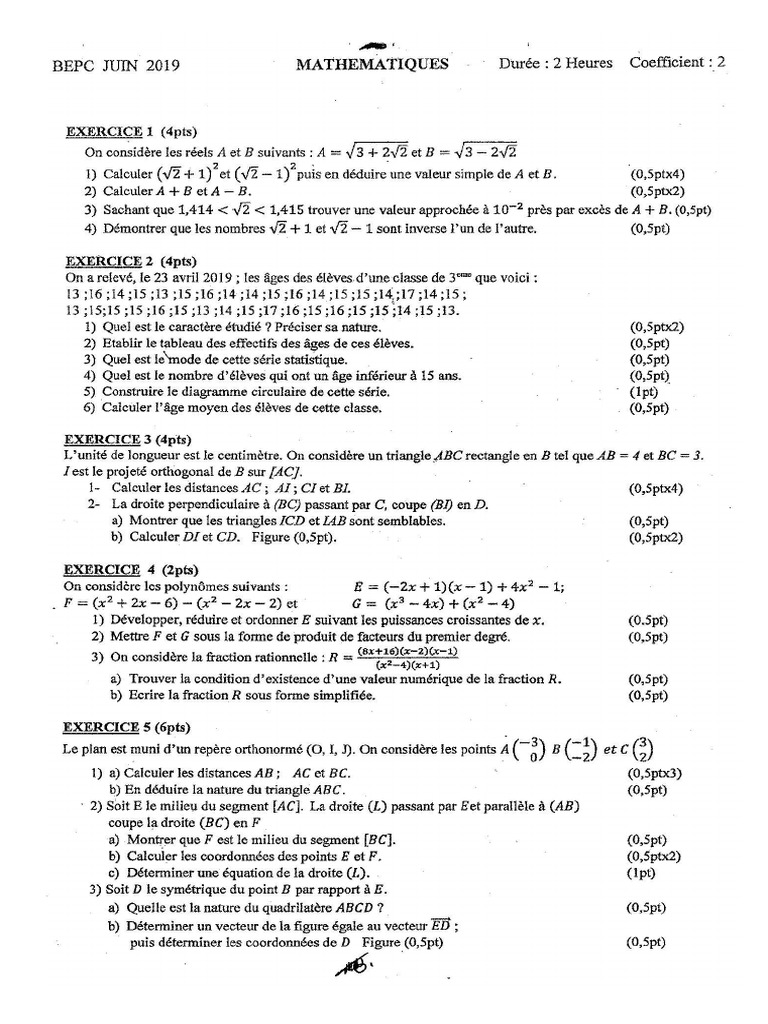 Epreuve Bepc 2019 Maths, Togo | PDF