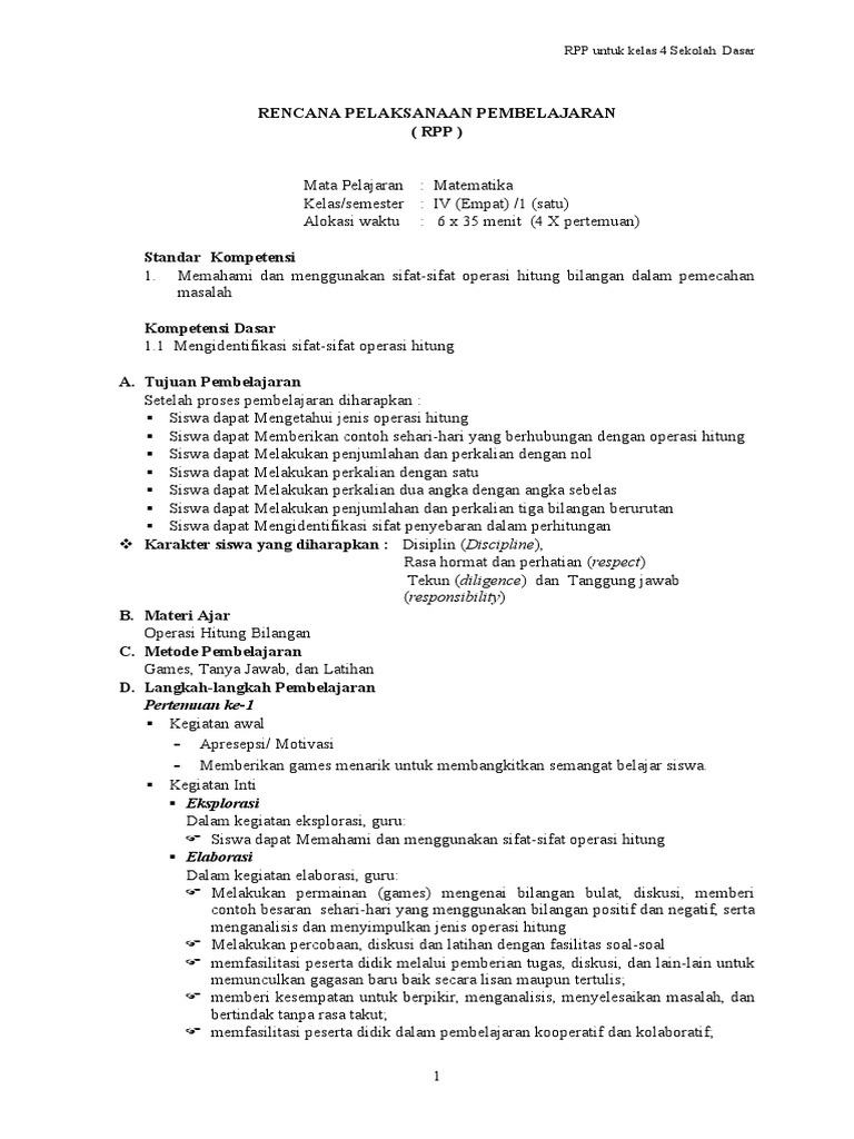RPP Matematika Kelas 4 SD | PDF