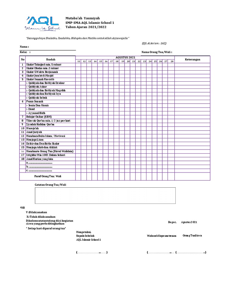 Mutaba'ah Yaumiyah Agustus | PDF