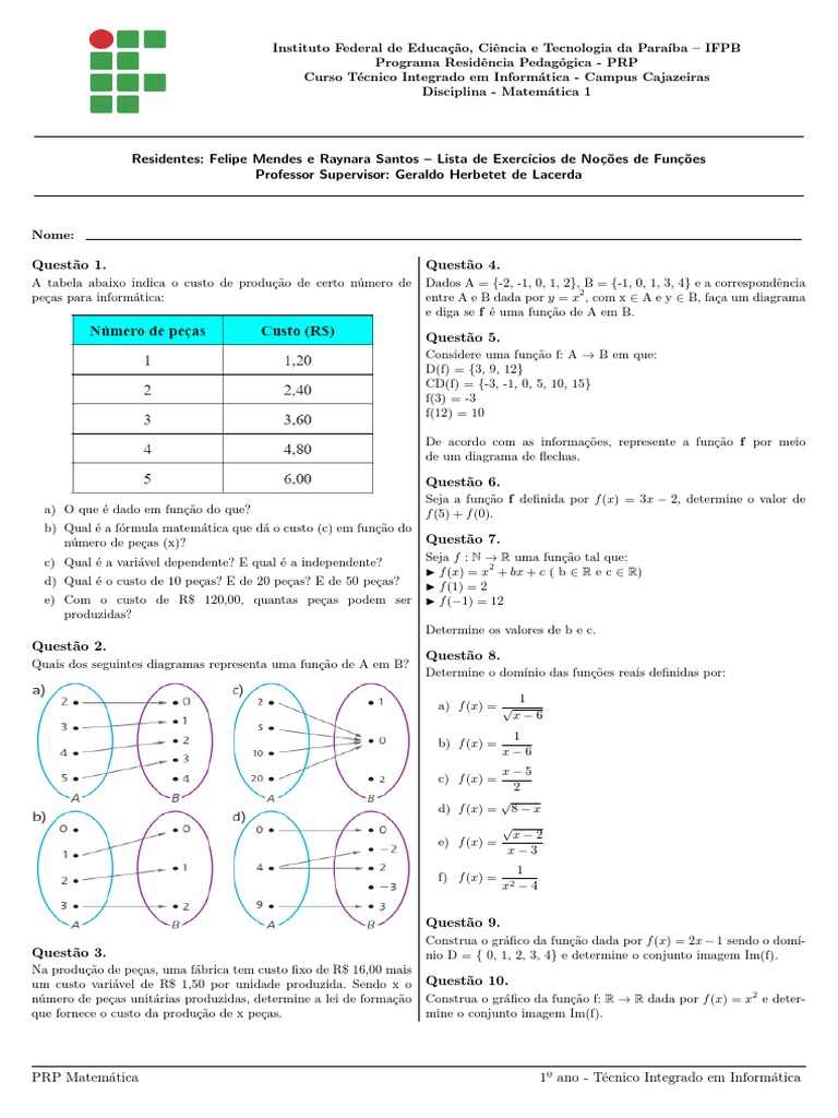 Exercícios de Funções em Matemática 1 | PDF | Função (Matemática ...