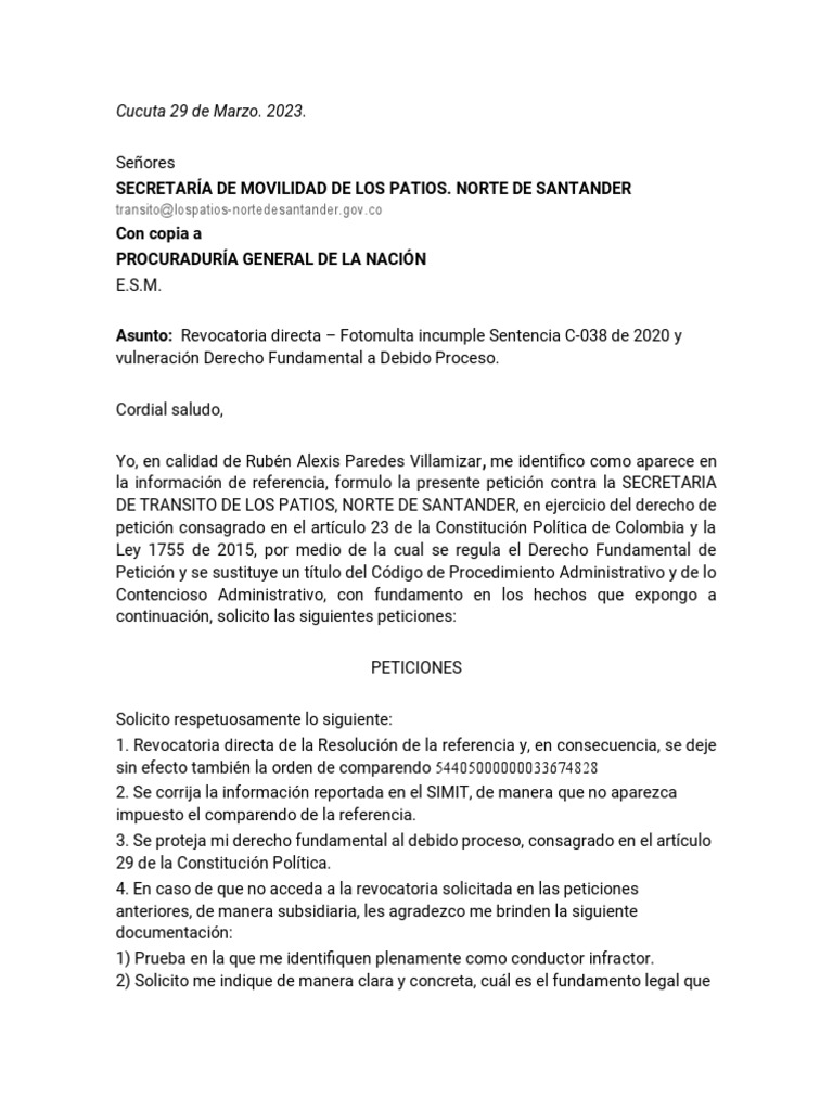 Formato Derecho de Peticion Foto Multa Por No Identificar Plenamente Al Conductor | PDF