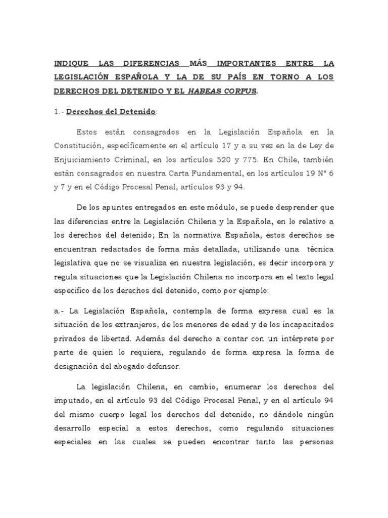 Los Derechos Del Detenido Y Habeas Corpus Pdf
