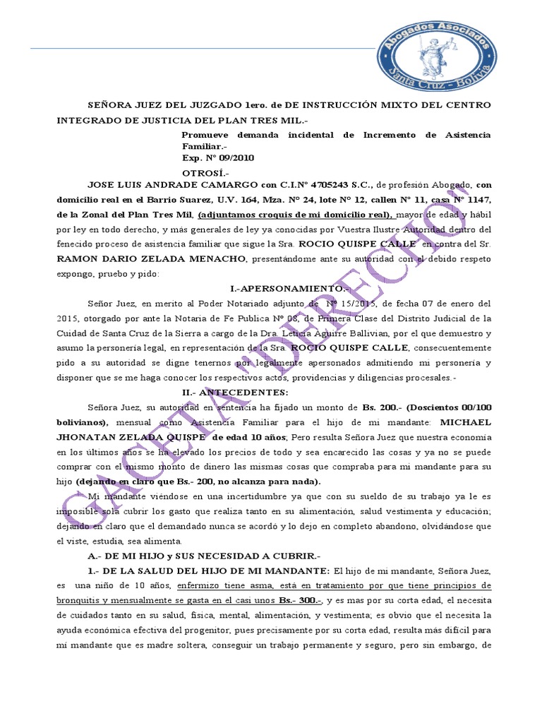 Demanda Incidental de Incremento de Asistencia Familiar | PDF