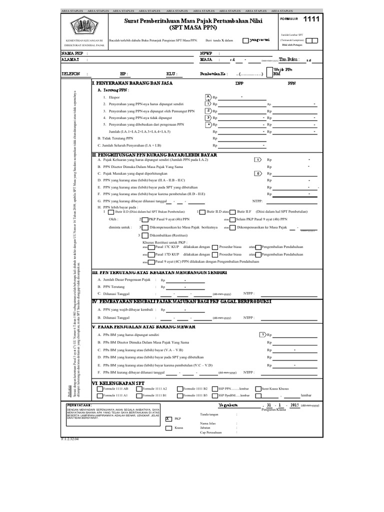 Formulir SPT Masa PPN 1111 Lengkap | PDF