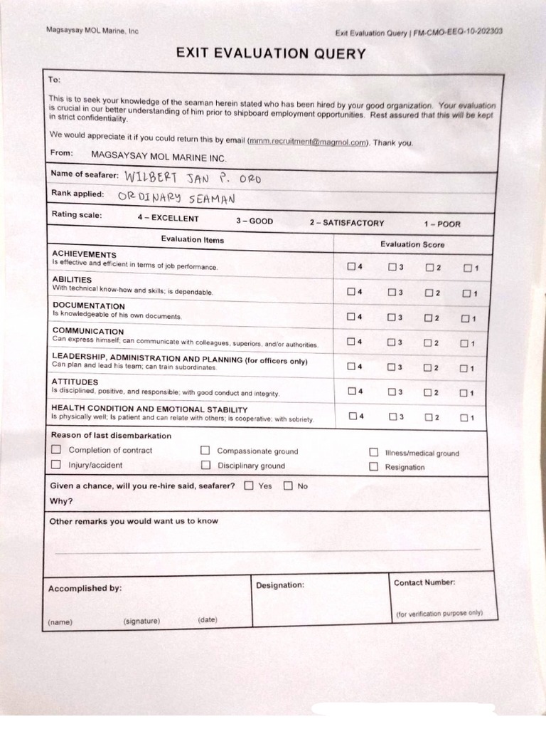 Exit Evaluation Edited | PDF