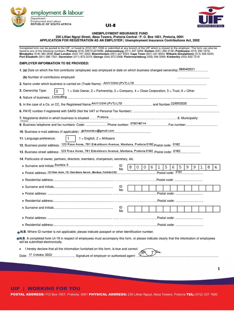 UI 8 - Application For Registration As An Employer | PDF | Business ...