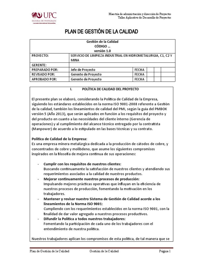 01 Plan Gestion de Calidad | PDF | Calidad (comercial) | Gestión de la calidad
