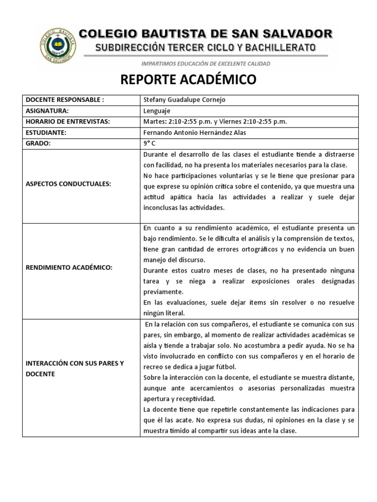 REPORTE ACADÉMICO- FERNANDO HERNÁNDEZ 9C | PDF