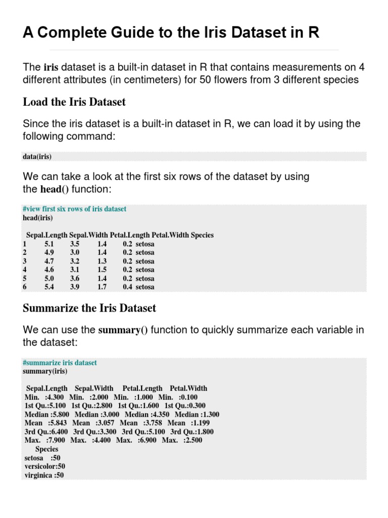 A Complete Guide To The Iris Dataset in R | PDF | Computing | Probability And Statistics