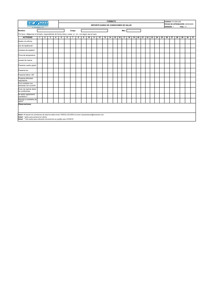FO-SIG-039 Reporte Diario de Condiciones de Salud V1 | PDF